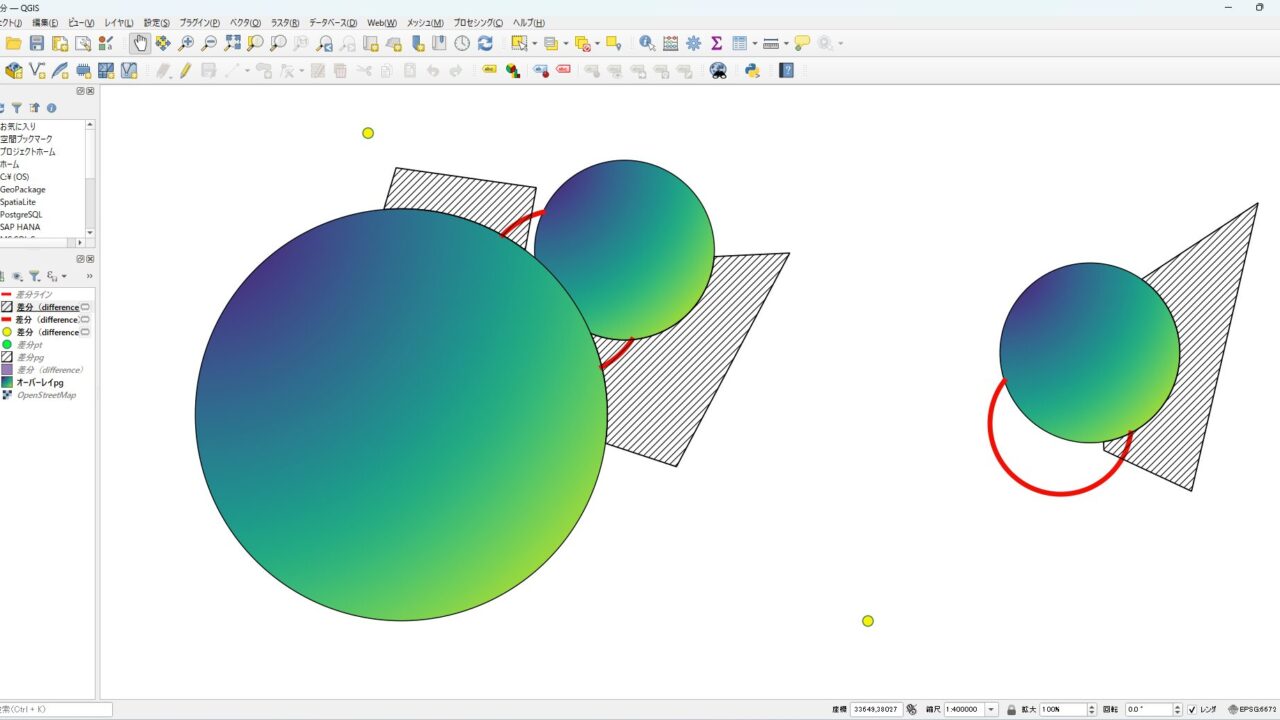 QGISの差分（difference）の使い方。点、ポリゴン、ラインの一部を抜く。 - GISつかいかた辞典
