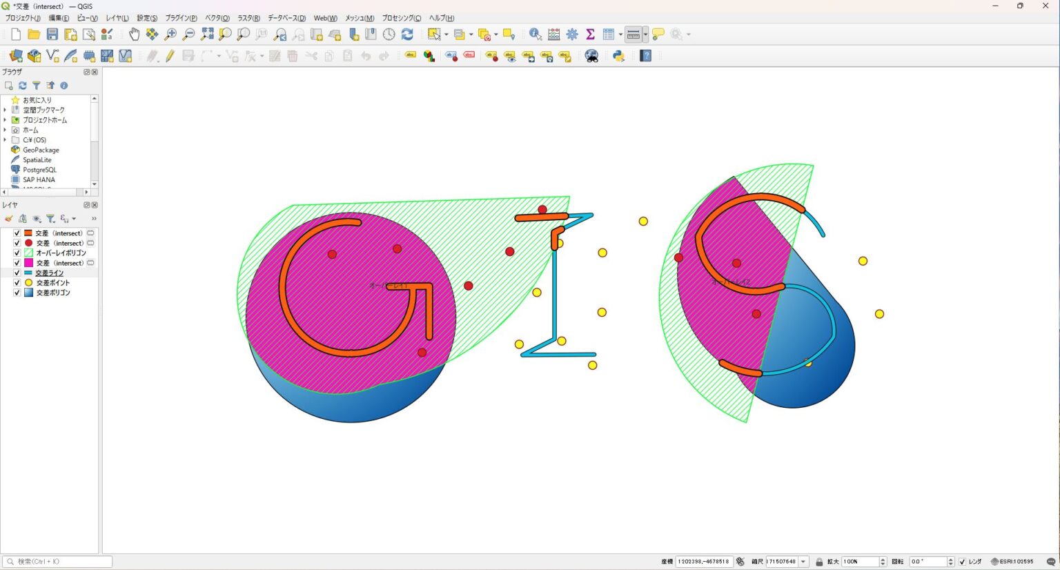 QGISの交差（intersect）の使い方、点、ライン、ポリゴンを抽出方法。 - GISつかいかた辞典